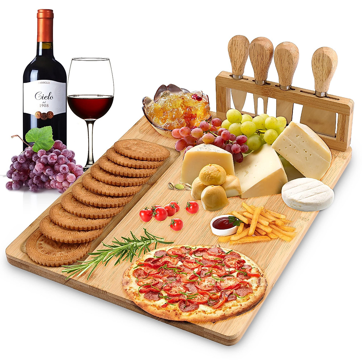 TWGDH Bamboo Cheese Board Set Including 4 Stainless Cutlery Set, Charcuterie Board And Serving Tray For Entertaining Or Gift (Rectangle Version)