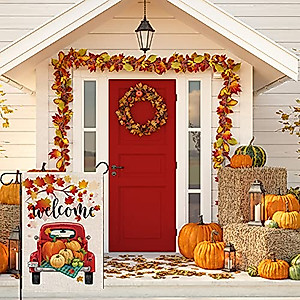 Thanksgiving Fall Welcome Garden Flags for Outside,Truck with Pumpkins Maple Leaves,Harvest Decorative Farmhouse Flag for Patch,12.5 x 18 Inch Double Sided,Small Thanksgiving Yard Flags for Autumn Outdoor Decor