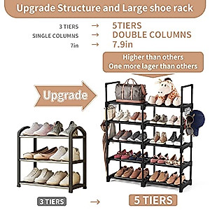 ROJASOP Shoe Rack Organizer for Closet Entryway, 20 Pairs 5-Tier Stackable Shoe Rack Storage Shelf for Hallway Bedroom Garage Dorm Free Standing Shoe Racks with Side Hooks Space Saving Shoe Rack