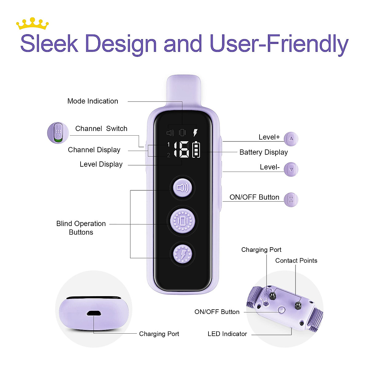 Bousnic Shock Collar for Dogs - Waterproof Rechargeable Dog Electric Training Collar with Remote for Small Medium Large Dogs with Beep, Vibration, Safe Shock Modes (8-120 Lbs) (Purple)