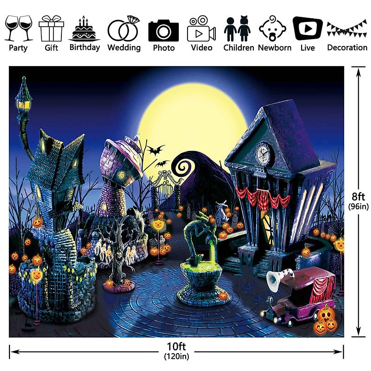ZTHMOE 10x8ft Halloween Nightmare Themed Party Photography Backdrop Pumpkin Moon Town Background Birthday Baby Shower Christmas Party Decorations Photo Tapestry Props