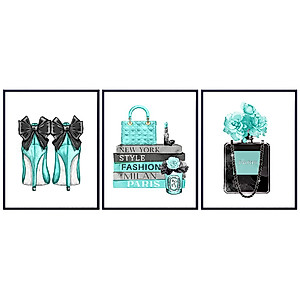 Glam Wall Decor - Designer Perfume, Shoes, Handbags - High Fashion Design Gift for Fashionista - Luxury Couture Wall Art Poster Picture Print Set for Women, Teens, Girls Bedroom