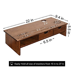 WAYTRIM Bamboo Wood Monitor Stand Ergonomic Computer Riser with Storage Organizer Drawers Desktop Laptop Shelf Risers Cellphone Stand for Home and Office Use, Classic Antique Brown