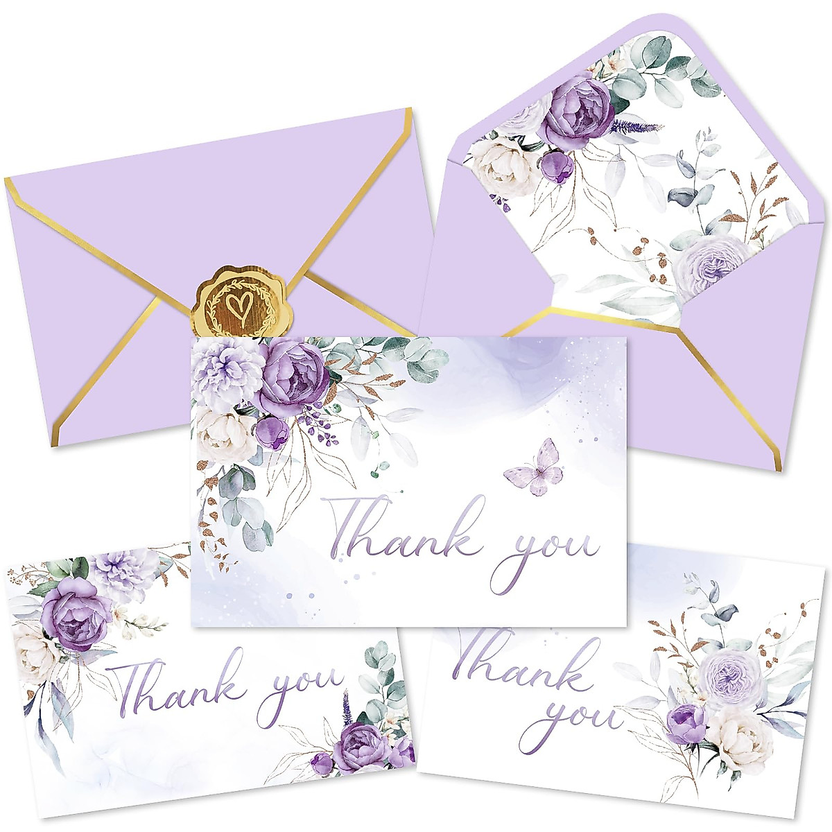 Whaline 24 Pack Purple Floral Thank You Cards with Envelopes Stickers 3 Design Watercolor Flower Greeting Cards Spring Blank Note Cards for Baby Shower Wedding Birthday Party, 4 x 6 Inch