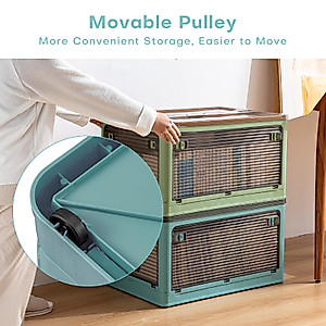 ANMINY 6PCS Lidded Plastic Storage Bins 89QT 5-Door Collapsible Stackable Portable Crate Clear Storage Box Bulk Container Basket with Wheels Handles Lid for HomeTravel Car Truck - Green, Extra Large