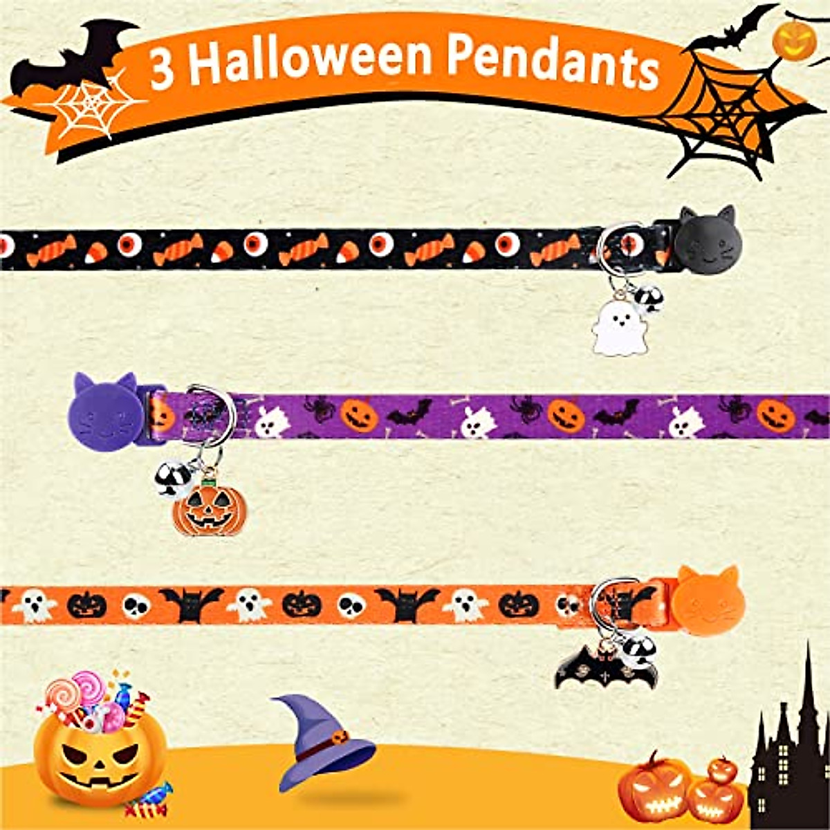 3 Pack Halloween Cat Collars with Pumpkin, Ghost, Bat Ornament, Breakaway Adjustable Pumpkin Cat Kitten Collars for Halloween Cats Kittens Costume Decorations