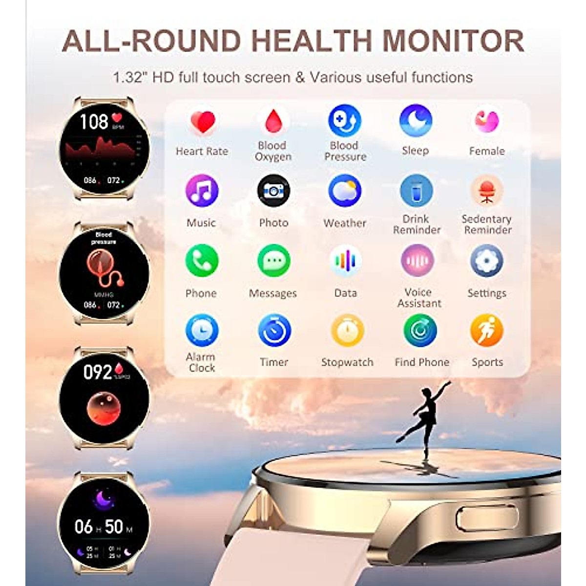 Iaret Smart Watch for Women (Answer/Make Call), Fitness Tracker for Android and iOS Phones Waterproof Smartwatch with 1.32" HD Full Touch Screen AI Voice Control Heart Rate Sleep Monitor Pedometer
