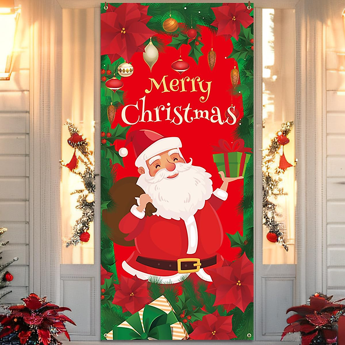 Christmas Door Cover Santa with Gifts Door Decoration Holiday Banner Backdrop 78 x 35.4 Inches