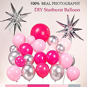 Kozee Hot Pink Silver Balloon garland arch kit 160PCS Pastel Pink and silver Starburst balloons for girl's 15/16/30th Birthday Princess Party Decorations