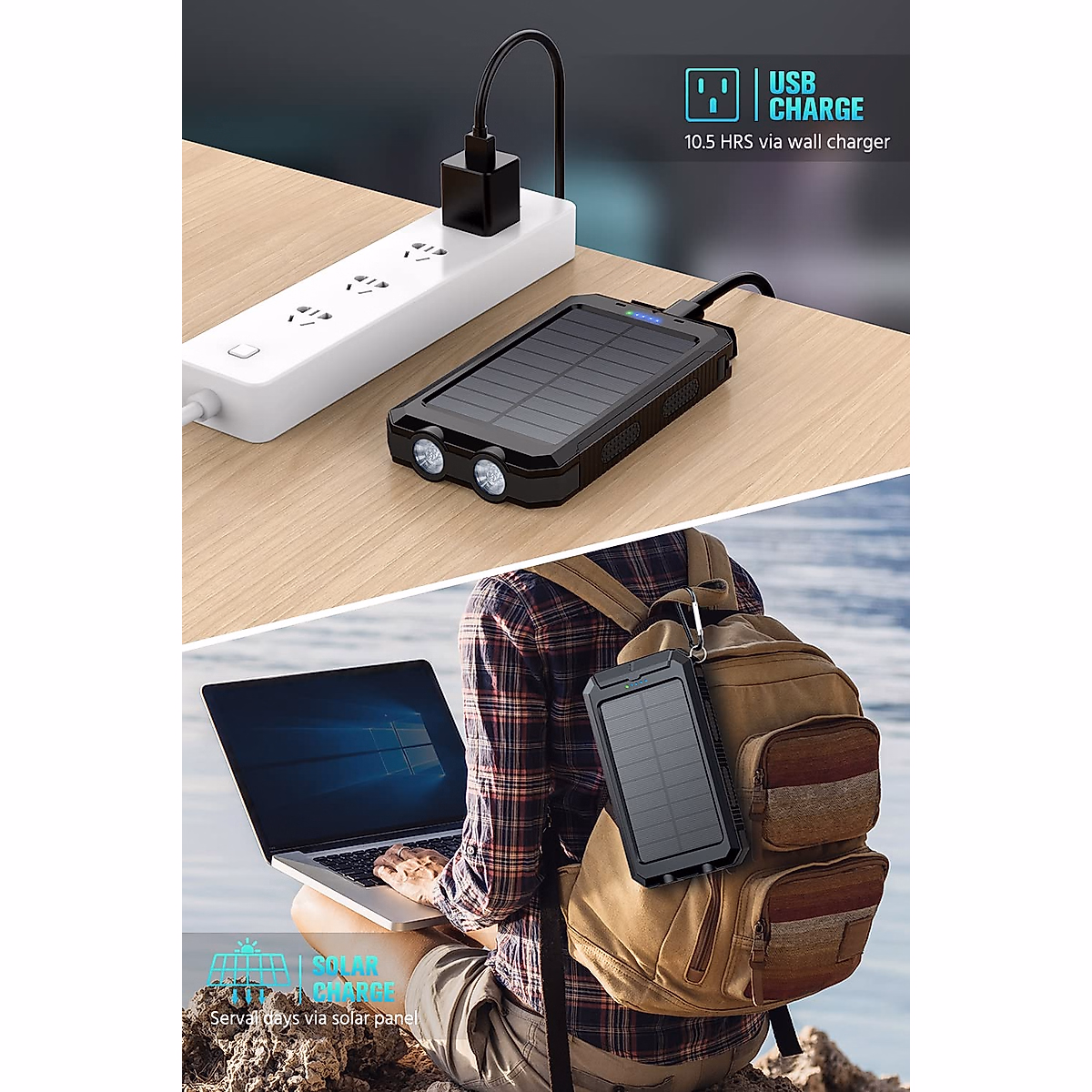 Feeke Solar-Charger-Power-Bank - 36800mAh Portable Charger,QC3.0 Fast Charger Dual USB Port Built-in Led Flashlight and Compass for All Cell Phone and Electronic Devices(Deep Black)