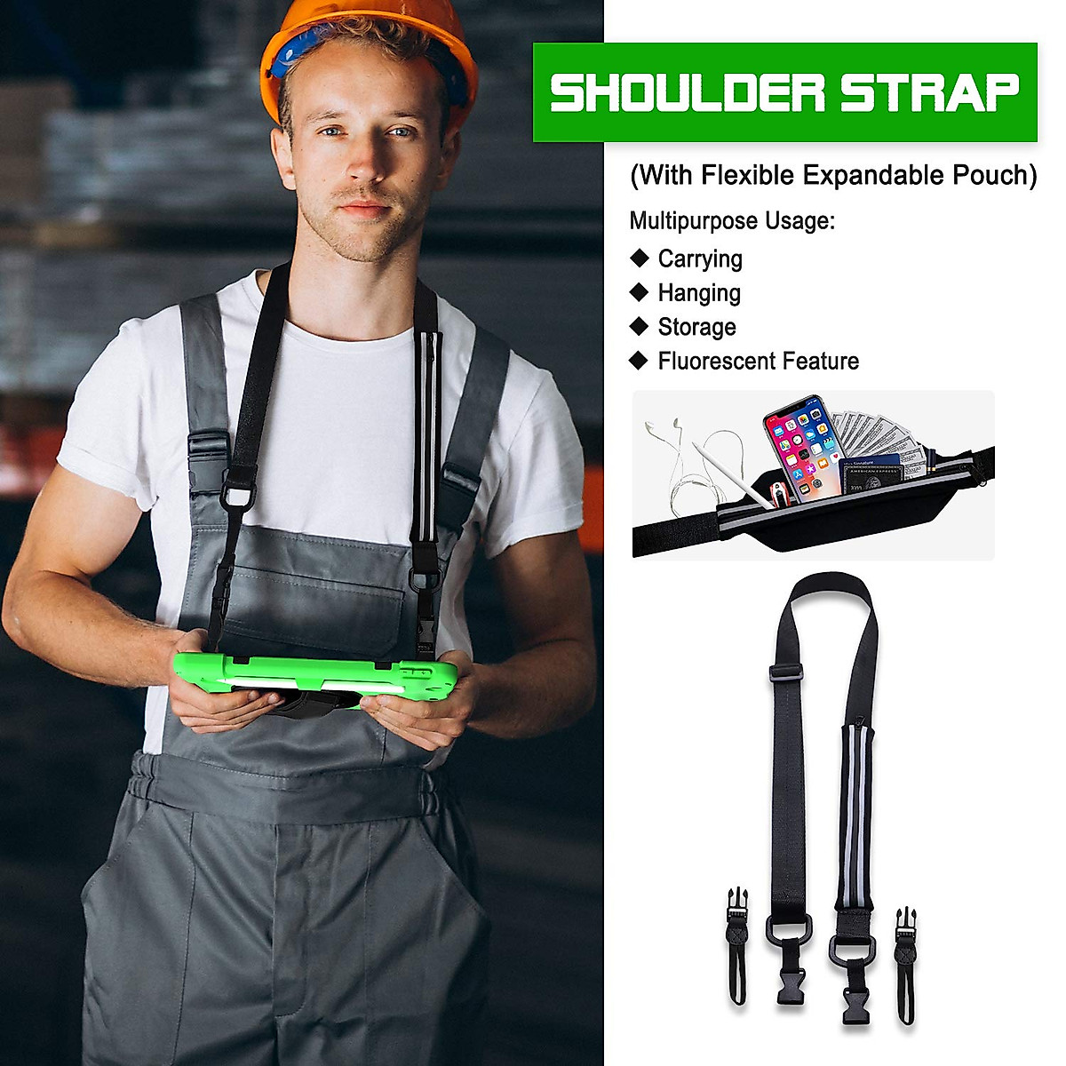 BRAECN iPad Case 9th/8th/7th Generation, 10.2 Inch iPad Case with Hand Strap, Dropproof Kids Case with Kickstand, Shoulder Strap, Pencil Holder, Pencil Cap Holder for 2021/2020/2019 10.2" iPad(Green)