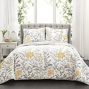 Lush Decor Yellow Aprile Reversible Quilt 3 Piece Floral Leaf Design Bedding Set, Full/Queen, Yellow & Gray
