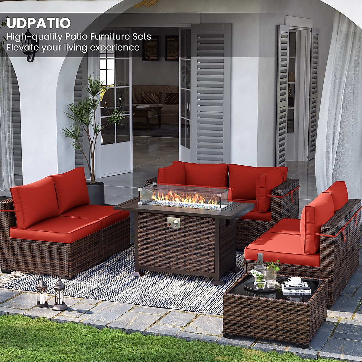 UDPATIO Patio Furniture Sets with Fire Pit Table, Modular Rattan Outdoor Conversation Patio Sectional Furniture Sofa Set for Backyard, Deck w/Coffee Table, 8PC Brown/Red (Include Sofa Cover)