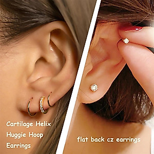 DAILI Women’s Earring Sets for Multiple Piercing: 14K Gold Plated Small Hoop Earrings Tiny Flat Back Stud Earrings for Cartilage Helix Hypoallergenic Set of 6 Pairs (Gold)