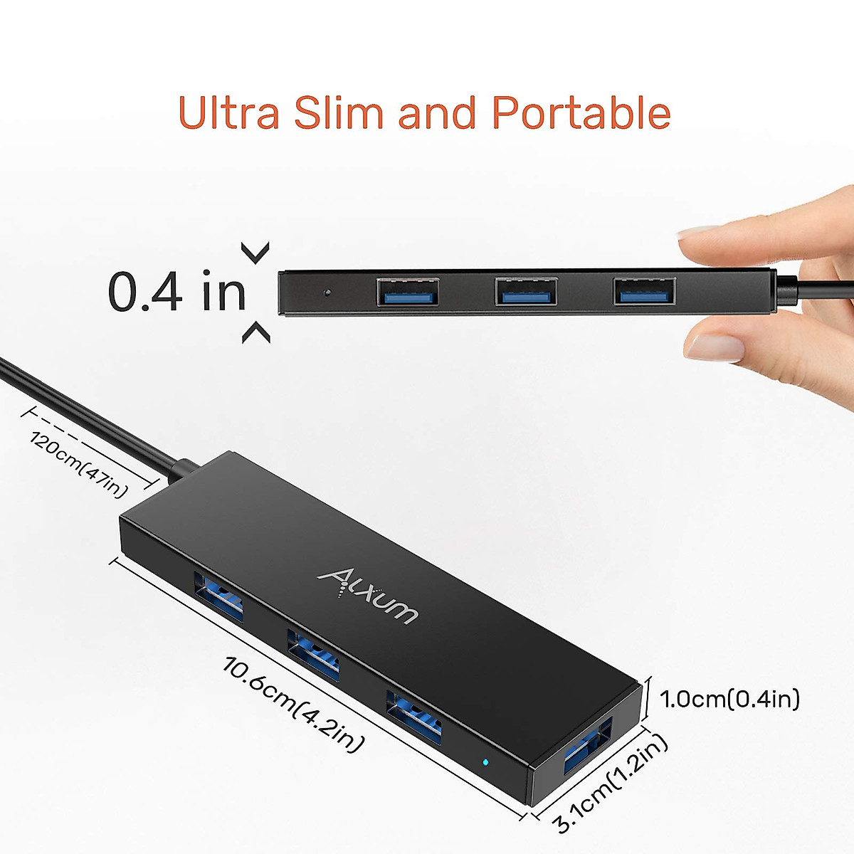 Case of 120, Alxum USB 3.0 Extension Hub 4-Port, USB Hub Long Cord 4ft with MicroB Power Port, USB Data Hub for Desktop PC, MacBook, Surface Pro, XPS, Flash Drive, Mobile HDD, Printer -Black
