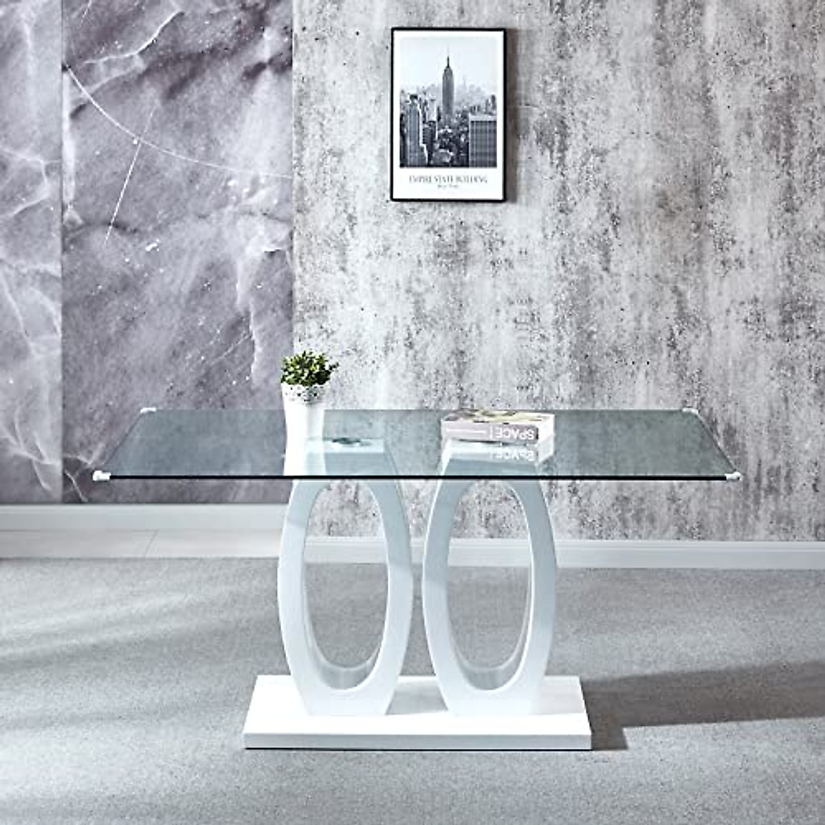 Henf 63" Contemporary Dining Table for 6, Tempered Glass Top Dining Room Table with High-Gloss Double Pedestal, Rectangle Dinner Table Kitchen Table Home Office Meeting Table (White)