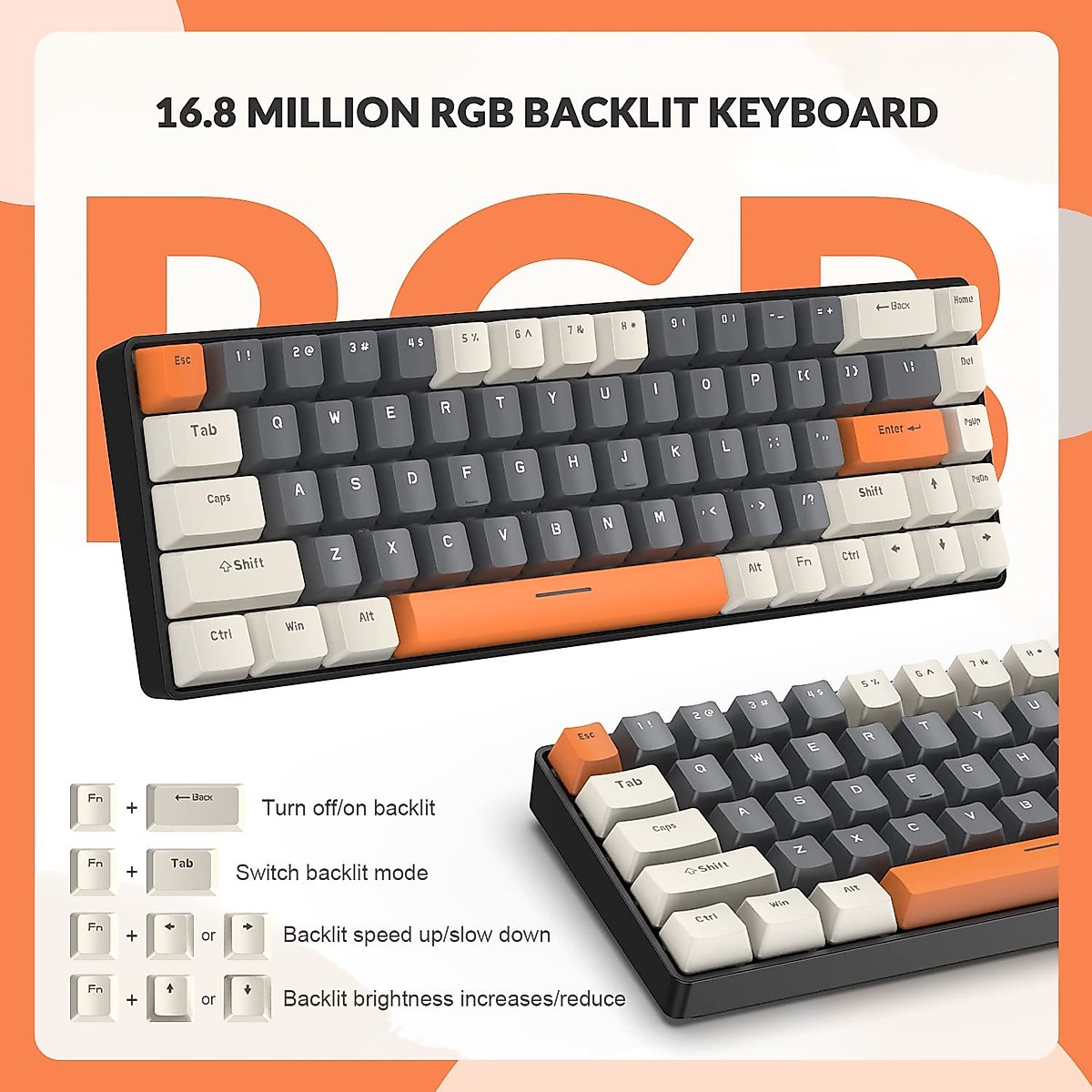 ZIYOU LANG RK-T8 Wired 65% Mechanical Gaming Keyboard with RGB LED Backlit Anti-ghosting TKL Mini 68 Key Custom Coiled C to A Cable Tactile Brown Switch for PS4 PS5 Xbox PC Mac Gamer(White/Dark Gray)