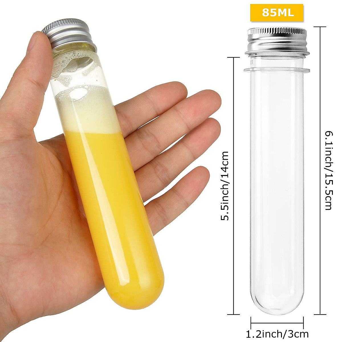 50 Pack 85ML Plastic Tubes with Caps, 150x30mm Plastic Clear Test Tubes for Sample, Scientific Experiments, Party, Candy Storage