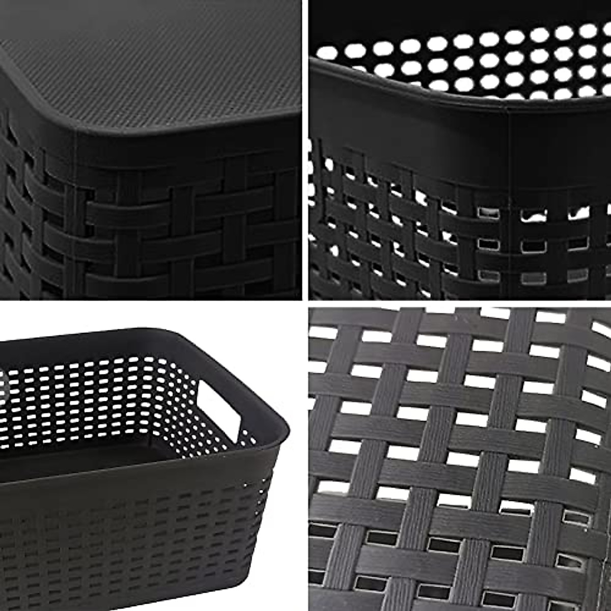 LIQIU 4-Pack Plastic Storage Basket Bins,Plastic Storage Baskets for Organizing,Weave Basket Organizer for Kitchens,Classrooms,Bathroom(12.2" × 10" × 4.5",Black).
