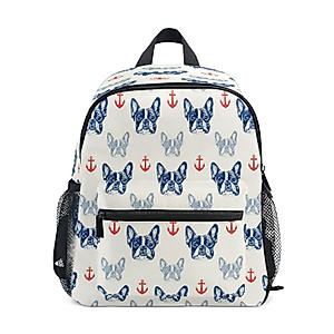 French Bulldog Pattern Nautical Anchor Backpack for Kids Boys Girls Students School Bag Toddler Daycare Preschool Shoulder Bookbag with Chest Strap Kindergarten Elementary Travel S