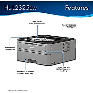 Brother HL-L2325DW Monochrome Laser Printer - Wireless Networking & Duplex Printing (2-Sided Printing), 26ppm, Mobile Printing + Printer Cable