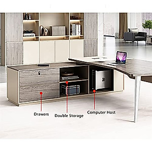 LITFAD L-Shape Executive Desk Artificial Wood Office Desk Cable Management Modern Simple Boss Table Computer Desk - Right Side Cabinet 71" L x 63" W x 29.5" H Without Chairs