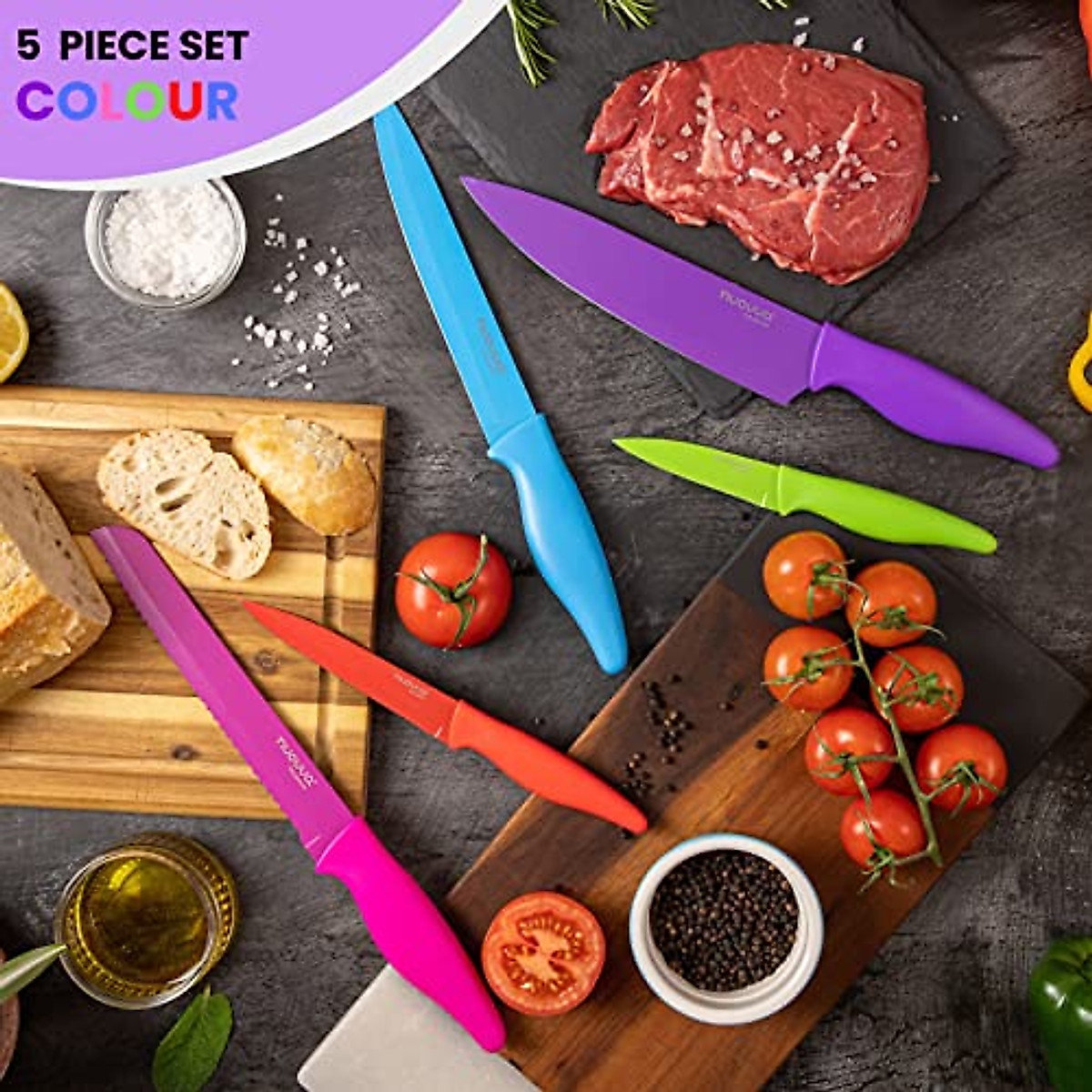 nuovva Kitchen Knife Set with Colour Coding 5 Piece Coloured Knives Set Stainless Steel