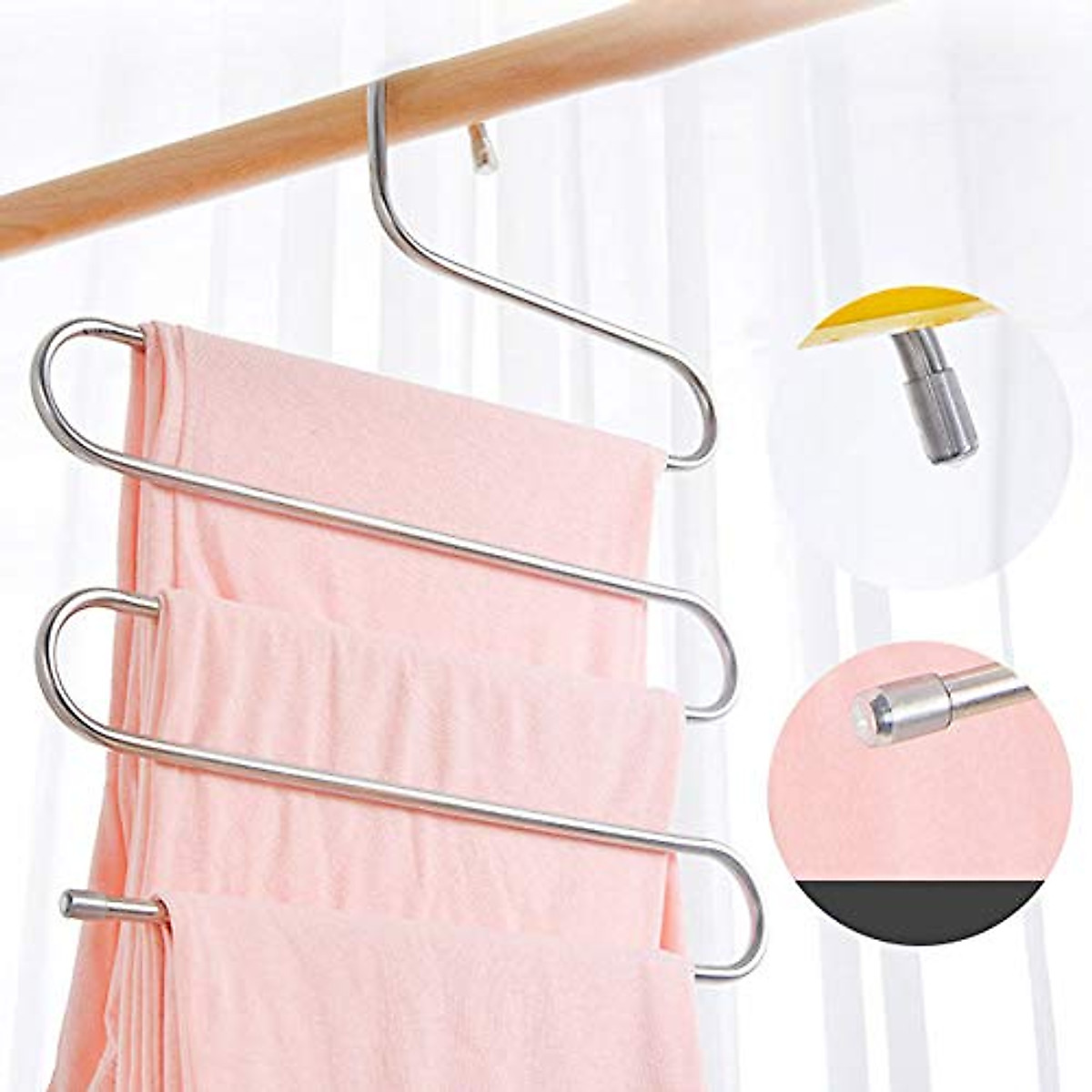Gnc33Ouhen Pants Hangers,S Shaped Stainless Steel 5-Layer Wardrobe Anti-Slip Saving Space rousers Storage Rack.