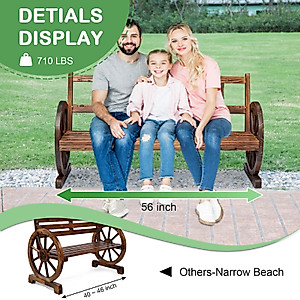 Kinpaw Rustic Wooden Wagon Wheel Bench 3-Person Fir Wood Seat Bench with Backrest for Bench Patio Garden Patio Furniture