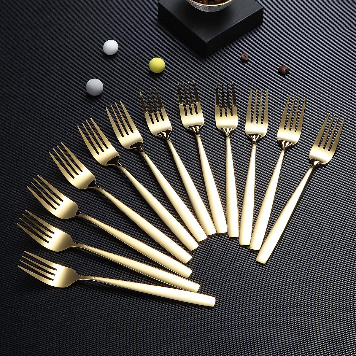 Berglander Gold Dinner Forks of 12, Stainless Steel Titanium Golden Plating Fork Set, Forks And Spoons Silverware, Spoons And Forks Set