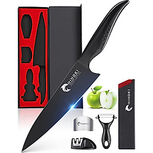 HiHoKi 8.5" Super Sharp Chef's Knife with Sheath - Black Shark Series-German High Carbon 1.4116 Stainless Steel -Pro Kitchen Cooking Knife, BO Oxidation, No Rust, Peeler, Sharpener & Gift Box Included