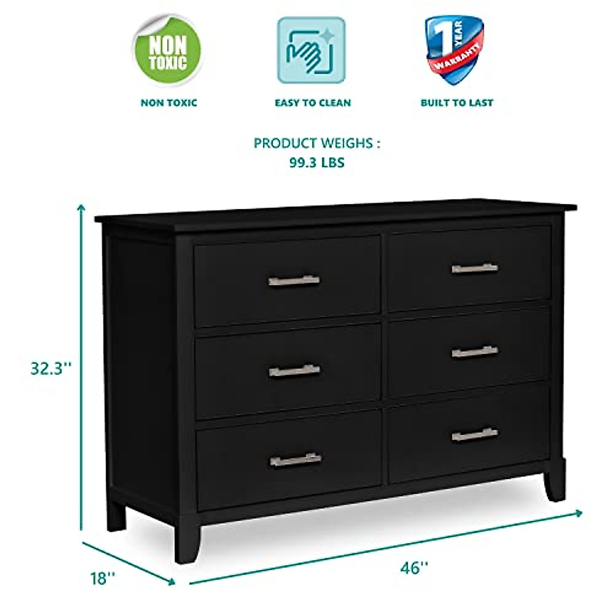 Dream On Me Universal Double Dresser In Black, Kids Bedroom Dresser, Six Drawers Dresser, Mid-Century Modern, Made Of Solid, Sustainable Pinewood, Easy Assembly