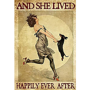 Graman Vintage Metal Tin Sign Dog Lovers Poster, and She Lived Happily Ever After Home Living Decor Art, Gift for Dog Lovers, Dog Lady Vintage dachshund Wall Art Print Poster Metal Tin Sign 8X12-Inch