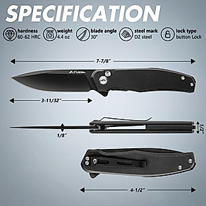 FLISSA Folding Pocket Knife, 4.5" G10 Handle EDC Knife with D2 Steel Blade, Button Lock and Pocket Clip, Tactical Knives for Men Women, Uesd for Outdoor, Survival, Hunting and Camping (Black)