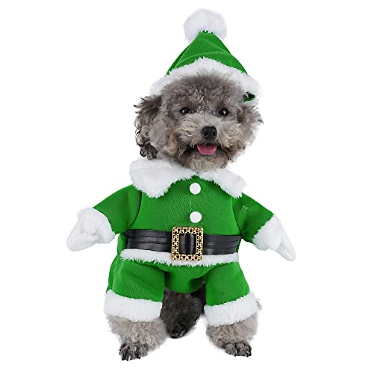 Mogoko Dog Cat Christmas Santa Claus Costume, Funny Pet Cosplay Costumes Suit with Cap, Puppy Fleece Outfits Warm Coat Animal Festival Apparel Clothes Green Size M for Small Breeds Dog