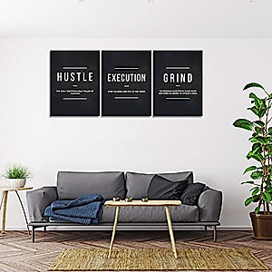 Motivational Posters Inspirational Wall Art Motivation Canvas Paintings Wooden Framed Hustle Wall Decor Black 3 Pieces Office Wall Art for Living Room Bedroom Home Decor Easy to Hang(36”Wx16”H)