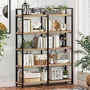 FATORRI Bookshelf, Industrial 5 Tier, Rustic Wood Etagere Bookcase, Metal Tall Book Shelf with Large Open Shelving Unit (Rustic Oak, 51 Inch Wide)