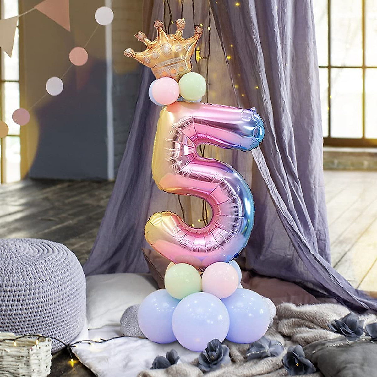 DUILE 32"Large Size Rainbow Number 1 Balloon Set Children's Birthday Party Aluminum Foil Balloon Set (5)