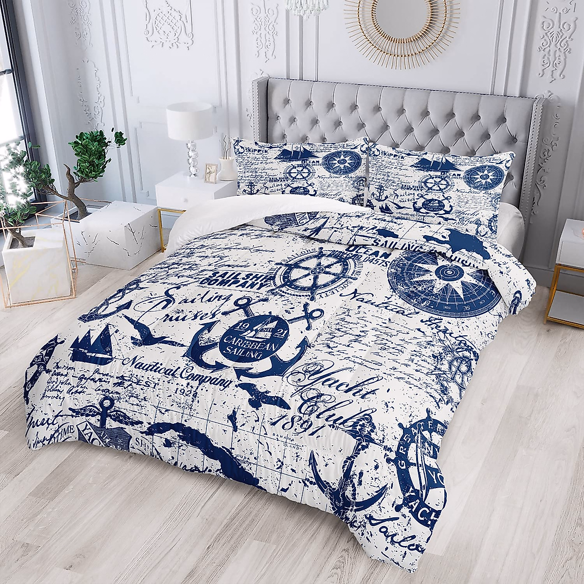 AILONEN Anchor Comforter Set for Teens Boys Kids, Nautical Theme Bedding Set Queen Size,Superior Quilted Duvet Ultra Soft,3 Piece 1 Comforter and 2 Pillowcases,Microfiber Fabric