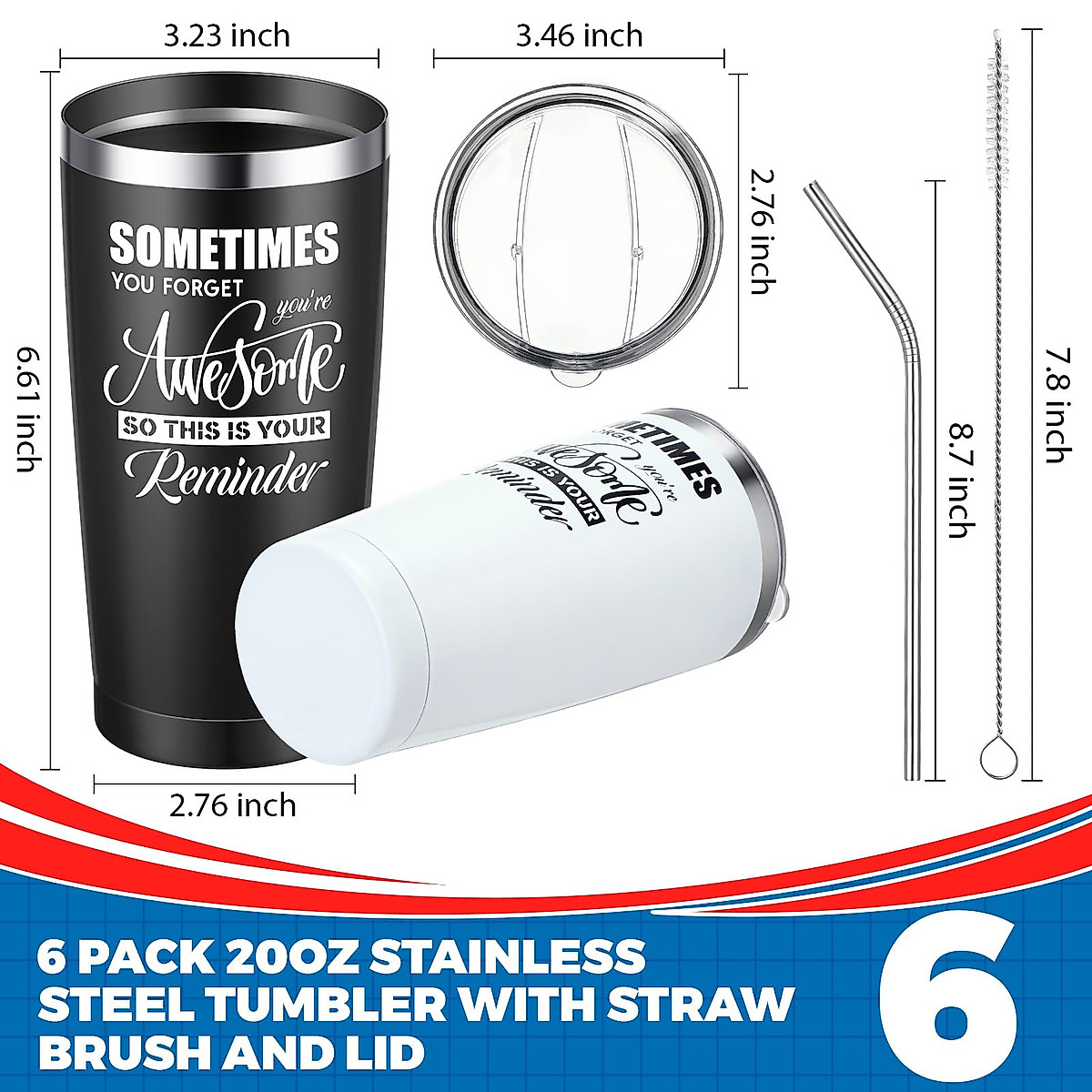 Nuogo Thank Gifts Appreciation Gift for Women Men You're Awesome Stainless Steel Insulated Tumbler with Lids and Straws for Coworker Employee Teachers Nurse Gifts, 20 oz (Classic Colors,6 Sets)