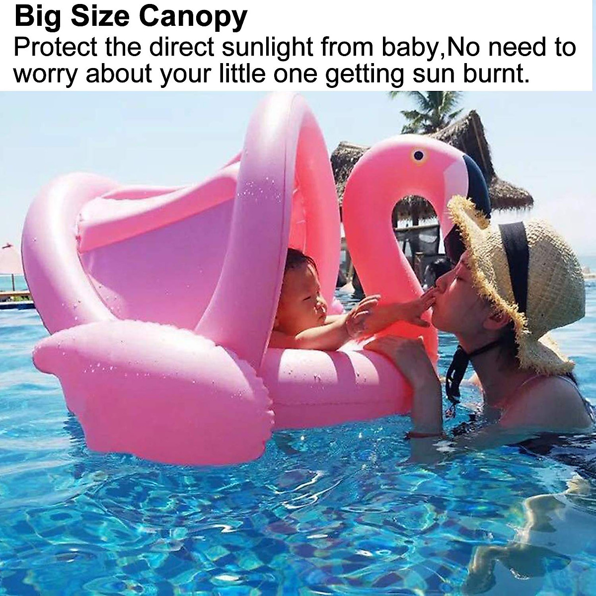 Flamingo Baby Swimming Ring with UPF 50+ Canopy Back Holder & Wings Airbag Never Flip Over, Inflatable Baby Pool Float Sunshade for 8-36 Months Infant Toddler Beach Water Toys Summer Luau Party Favors