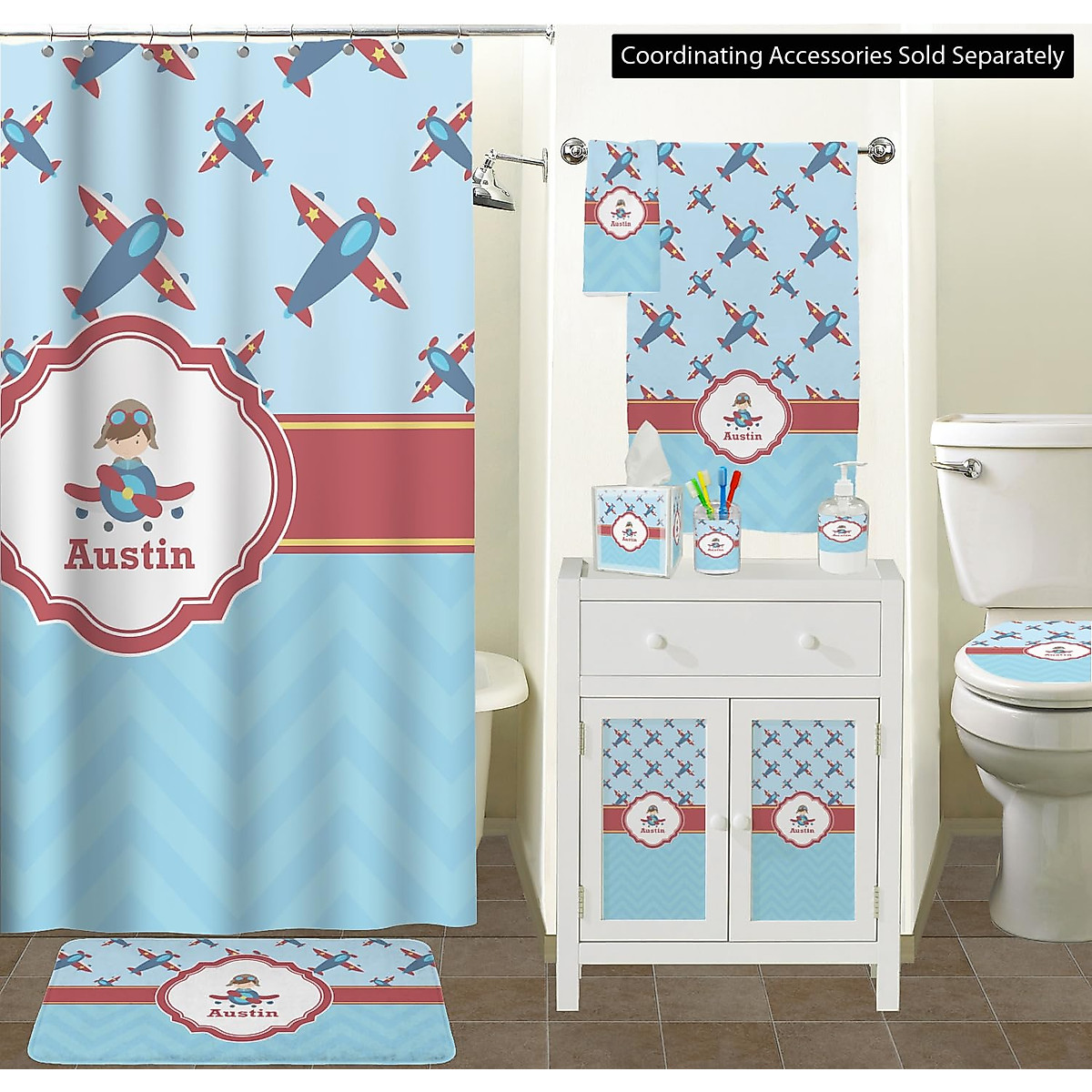 RNK Shops Personalized Airplane Theme Waste Basket - Double Sided (Black)