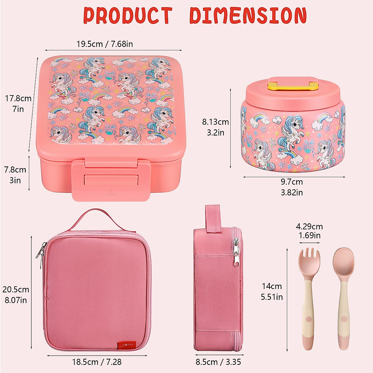 JXXM Bento Lunch Box for Kids With 8oz Soup Thermo,Leak-proof Lunch Containers with 5 Compartment,Thermos Food Jar and Lunch Bag, Food Containers for School (A-Pink(Fantasy Unicorn))