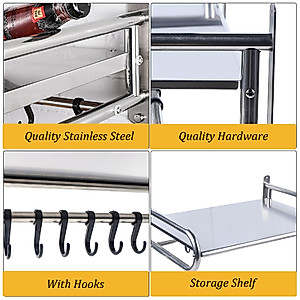 ILWorkTLs Wall Mounted Microwave Oven Rack,Stainless Steel Kitchen Shelf with 6 Hook for Kitchen,Restaurant,Silver