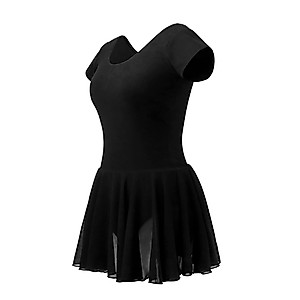Phoeswan Skirted Dance Leotards, Women's Dance Skirt Black Cotton Short Sleeve Dance Dress for Ballet, Aerobics, Size X-Large