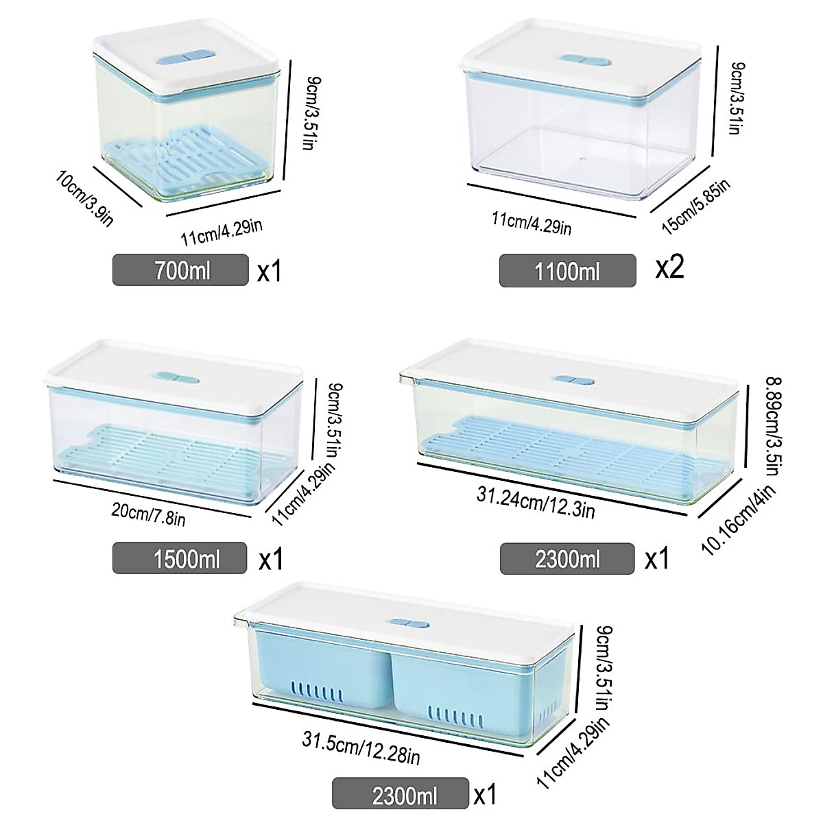 Lille Home Stackable Produce Saver, Organizer Bins/Storage Containers with Removable Drain Tray, Set of Six, for Refrigerators, Cabinets, Countertops and Pantry, BPA Free (Blue,Set of Six)