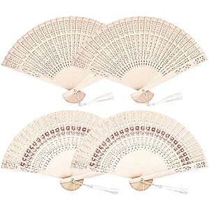 4 Pack Wooden Folding Fan with Tassels, 2 Types Vintage Wooden Fan Handheld Folding Fans Sandalwood Hand Fan Chinese Sunflower Pattern Sandalwood Fan for Women Foldable Wedding Favors Baby Shower