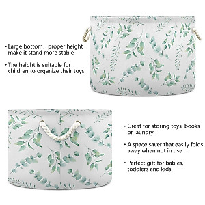 ALAZA Large Storage Basket for Toys Eucalyptus Leaf Green Tropical Plant Round Blanket Basket Laundry Hamper Canvas Organizer Bin Box Cotton Rope Collapsible Bucket Pillow Home Decor