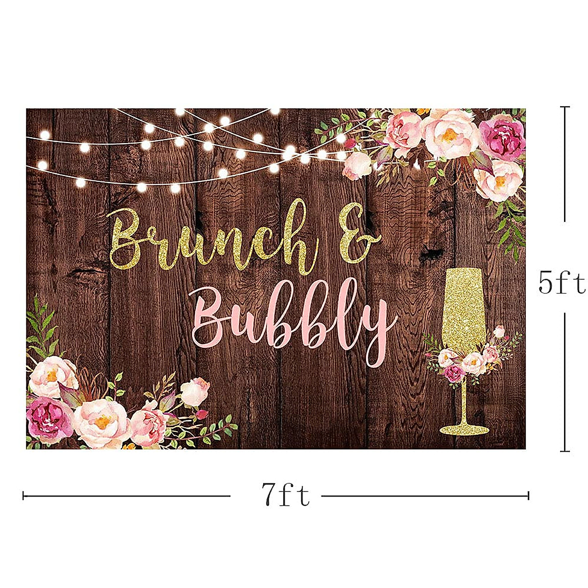 MEHOFOND 7x5ft Brunch and Bubbly Bridal Shower Party Backdrop Studio Photography Rustic Brown Wood Glitter Rose Pink Floral Gold Champagne Background Rustic Wedding Decor Banner Photo Booth