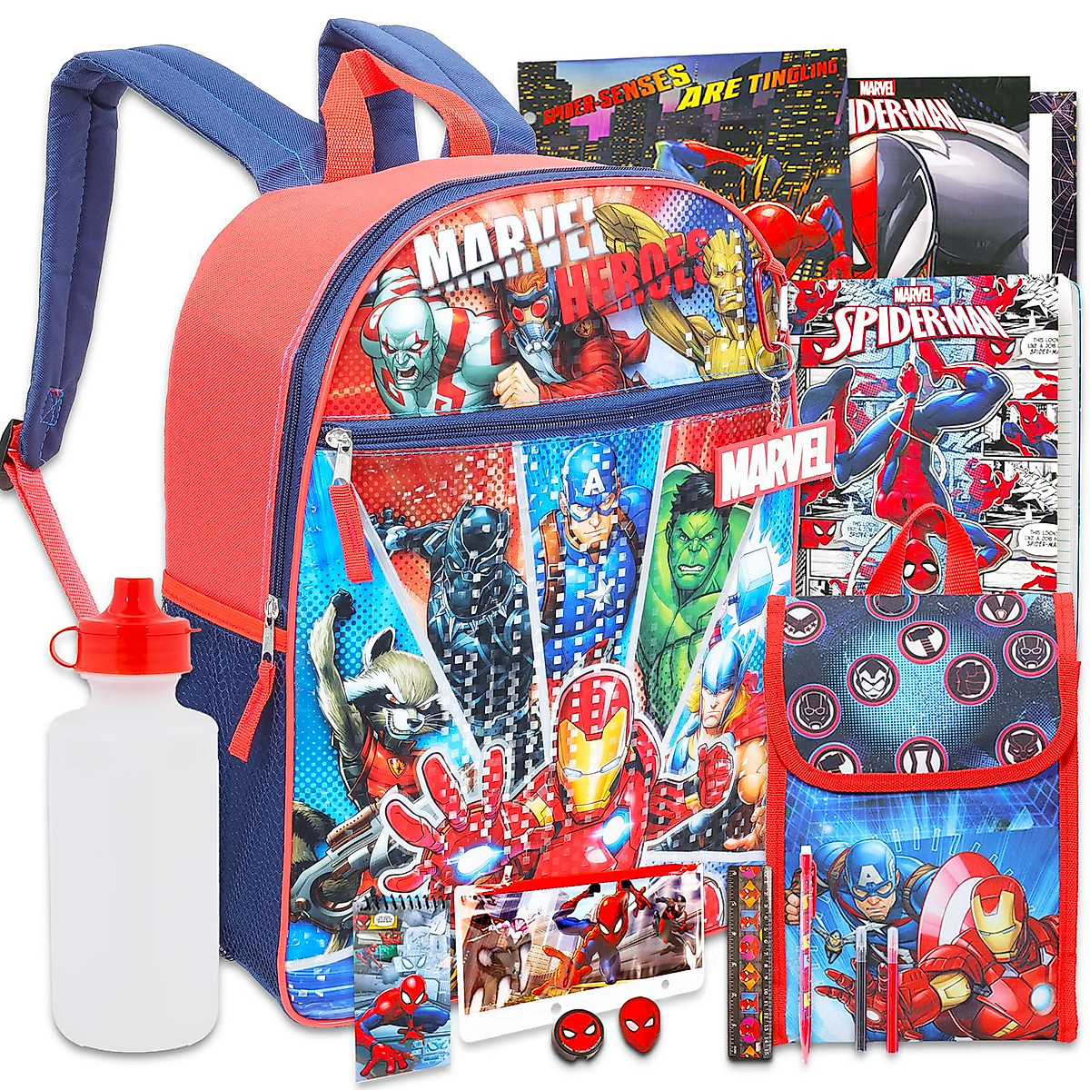Marvel Shop Marvel Avengers Backpack, Lunch Box, and Spiderman School Supplies Set ~ Bundle with 16 Avengers School Bag, Lunch Box, Stickers, Notebook, and More Superhero superhero backpacks
